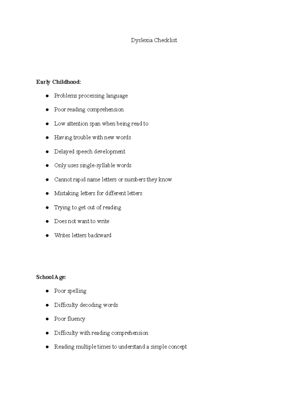 Dyslexia Checklist-2 - Dyslexia Checklist Early Childhood: Problems ...