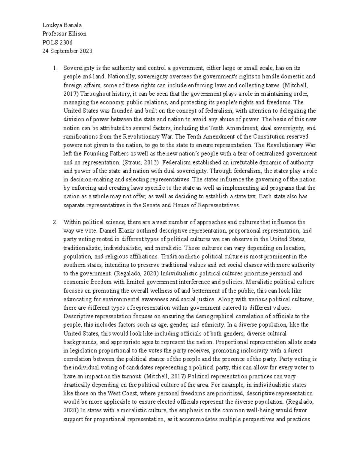 POLS 2306 short answer assignment - Loukya Banala Professor Ellison ...