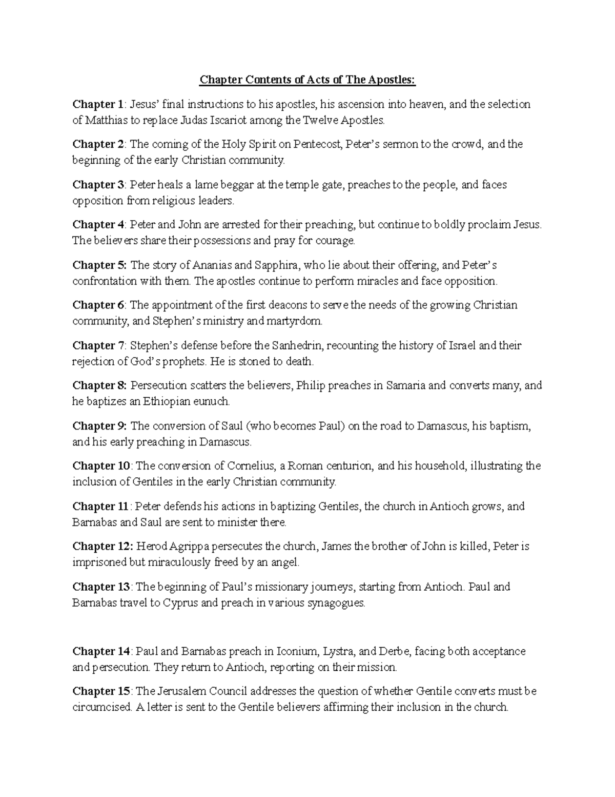 Acts contents - Systematic notes - Chapter Contents of Acts of The ...