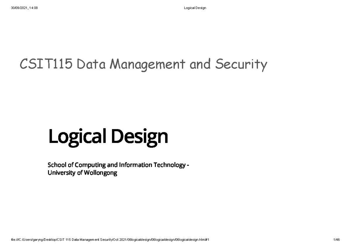 6 Logical Design - CSIT115 Data Management and Security Logical Design ...