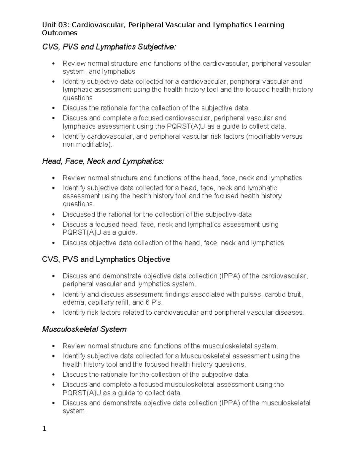 Practical Nursing Health Assessment IN CLASS NOTE - Unit 03 ...