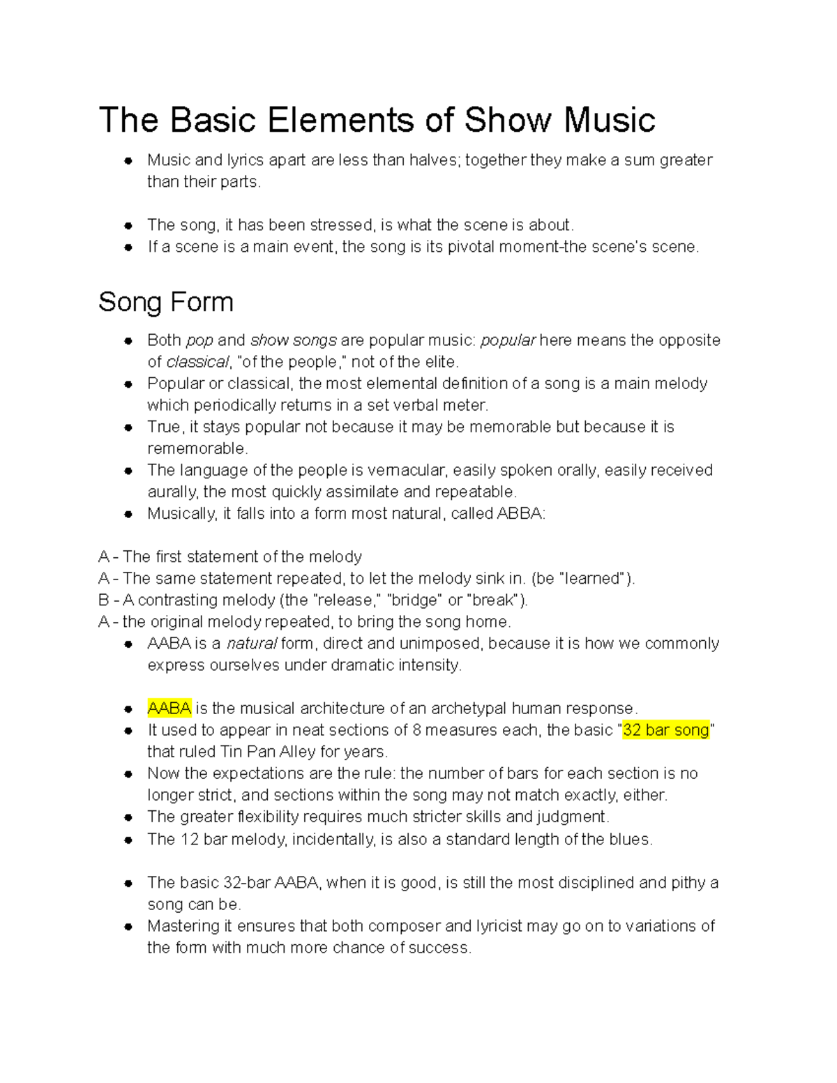 Composer Reading Notes - The Basic Elements of Show Music Music and ...