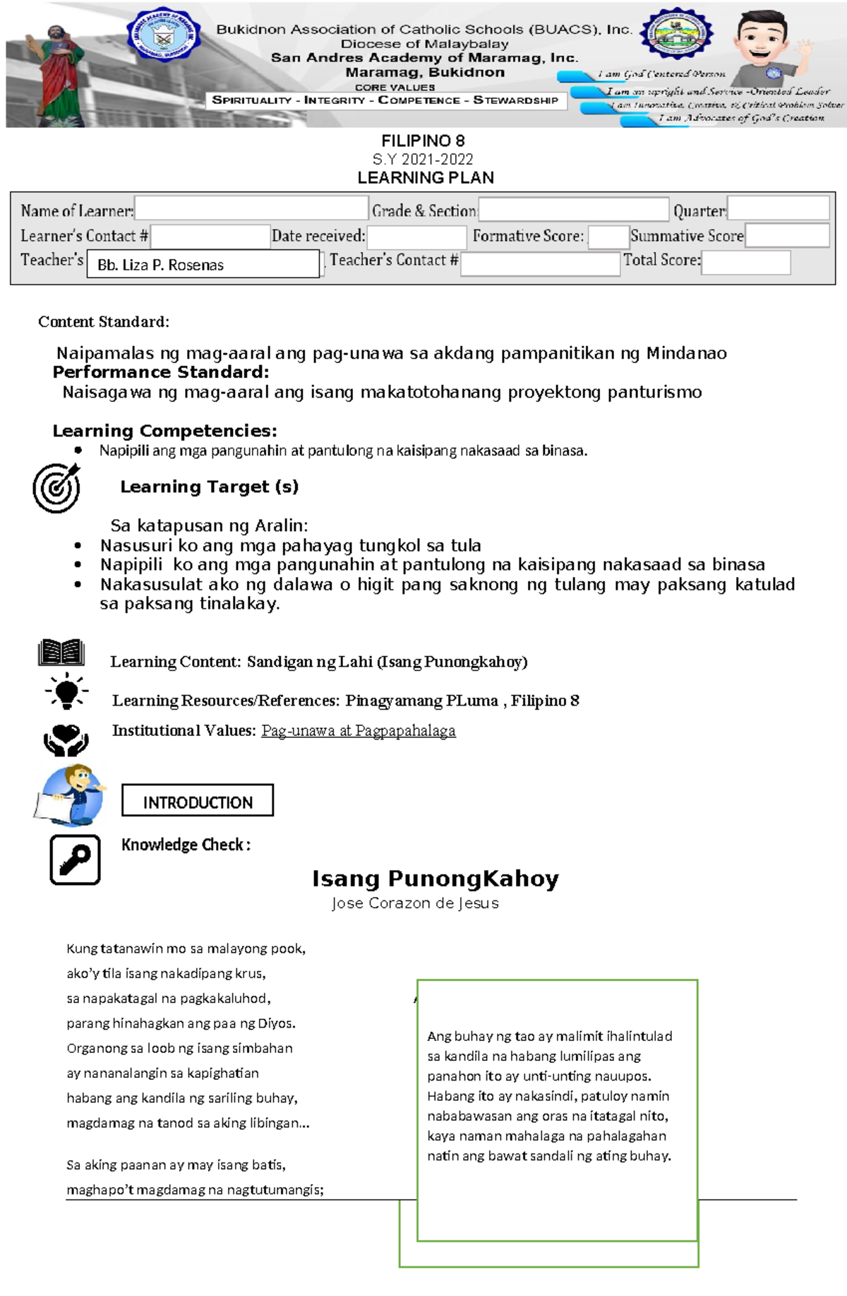 LAS # 1 - A sample learning plan for Filipino 8. - FILIPINO 8 S 2021 ...