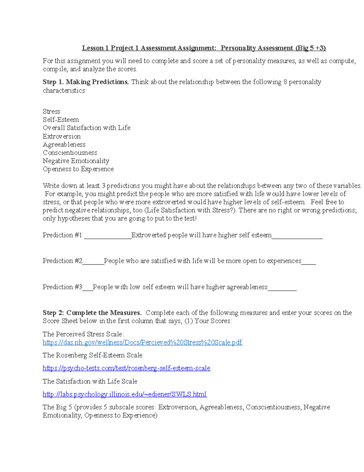 Project 1 - Lesson 1 Project 1 Assessment Assignment: Personality ...