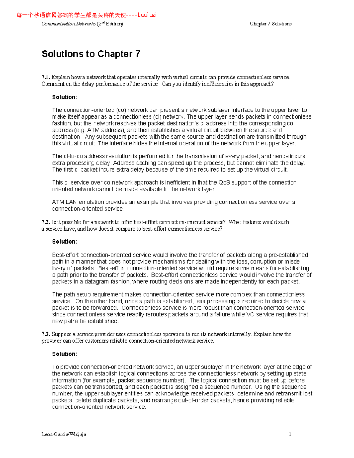 Ch7 solutions - Laof uzi Communication Networks (2nd Edition) Chapter 7 ...