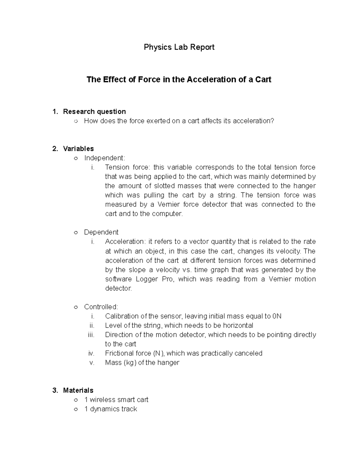 Physics Lab Report (The Effect of Force in the Acceleration of a Cart ...