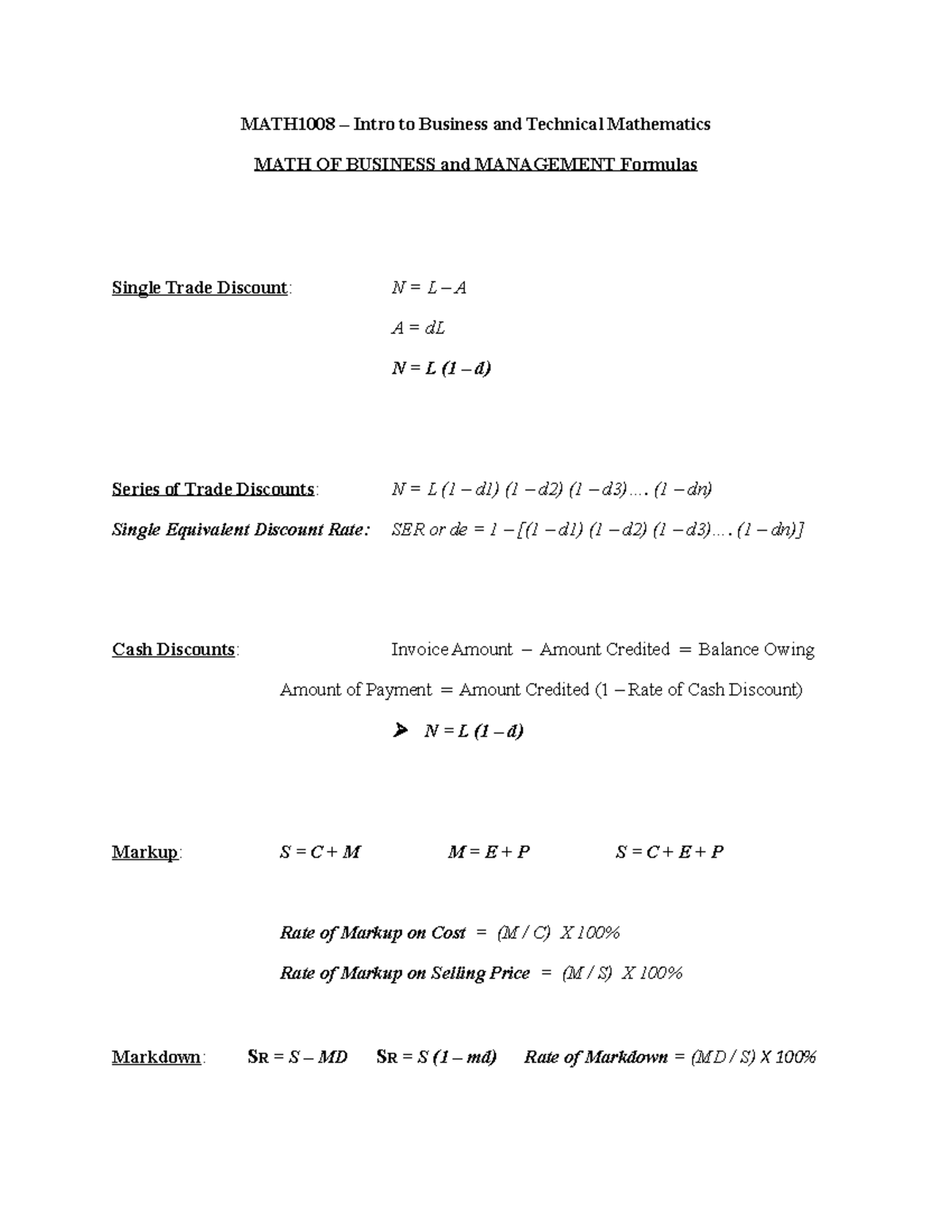 Formula Sheet Math of Bus and Mgmt MATH1008 - MATH1008 – Intro to ...