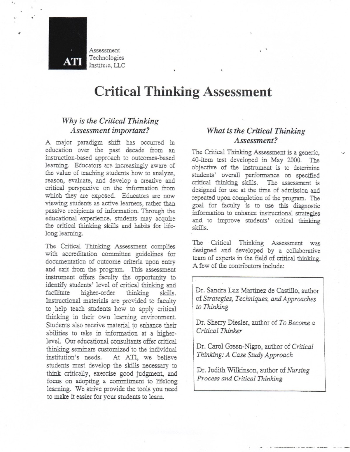 Critical Thinking Assessment - Educators are increasingly aware of ...