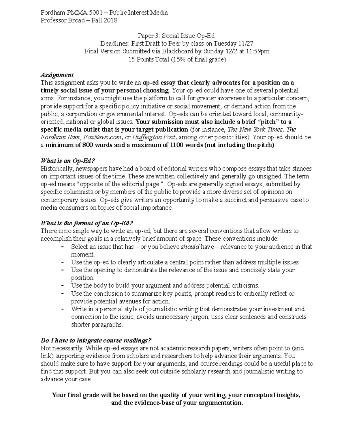 3 Op Ed Assignment Fordham PMMA 5001 Public Interest Media