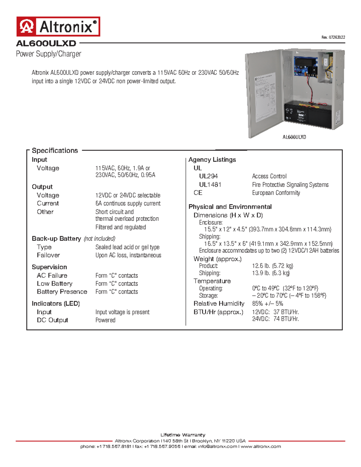 Altronix AL600ULXD - DS AL600ULXD - Input Voltage 115VAC, 60Hz, 1 or ...
