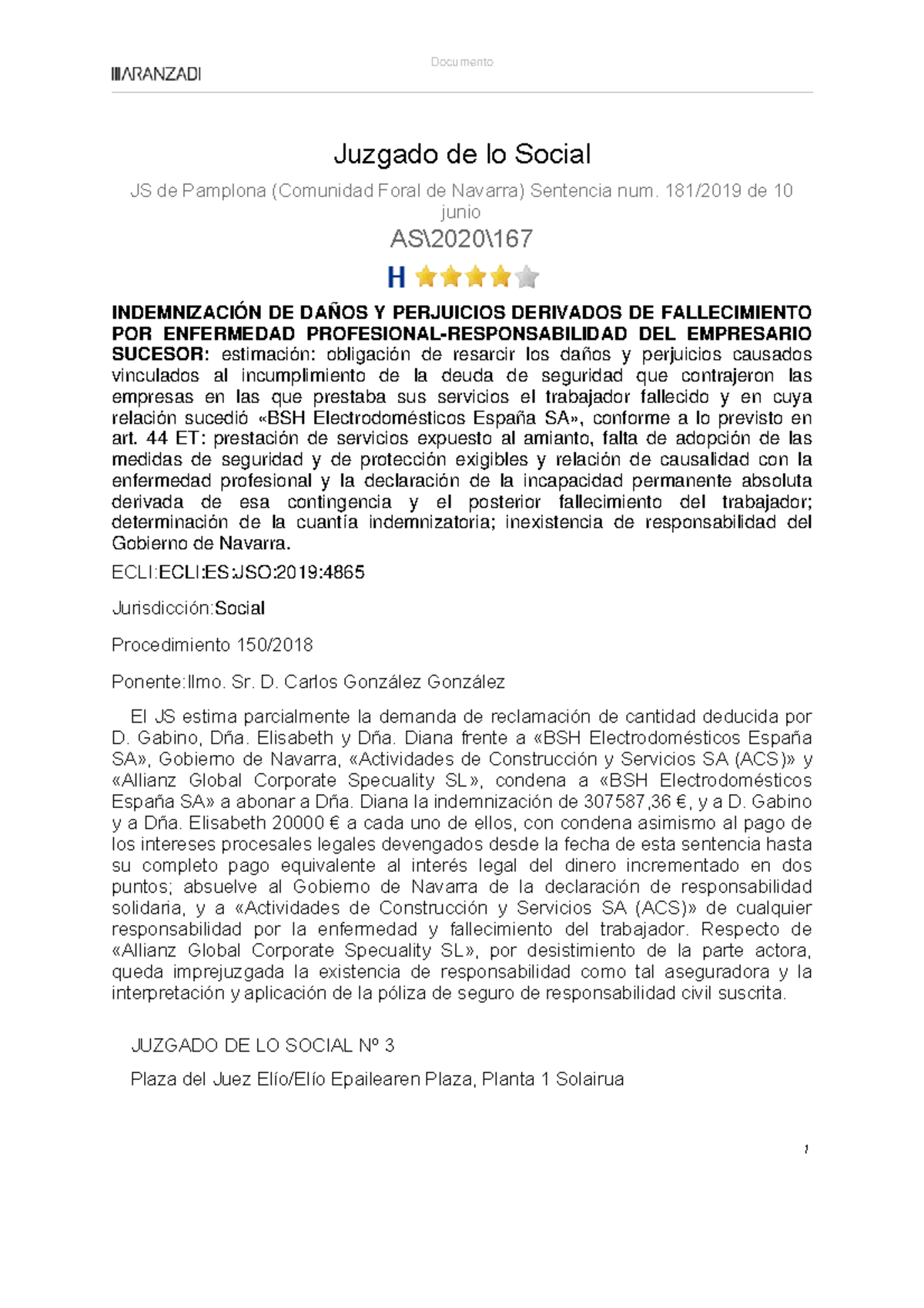 Jur JS de Pamplona (Comunidad Foral de Navarra) Sentencia num. 181-2019 ...