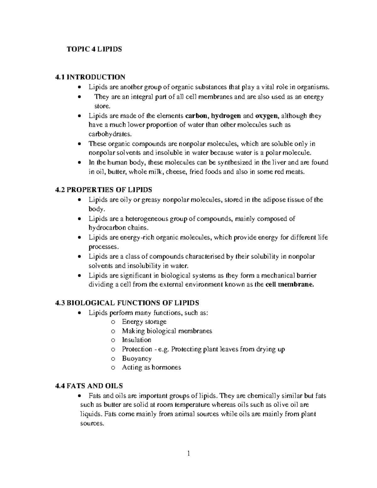 Topic 4 Lipids - Summary Molecular cell biology and genetics - TOPIC 4 LIPIDS 4 INTRODUCTION ...