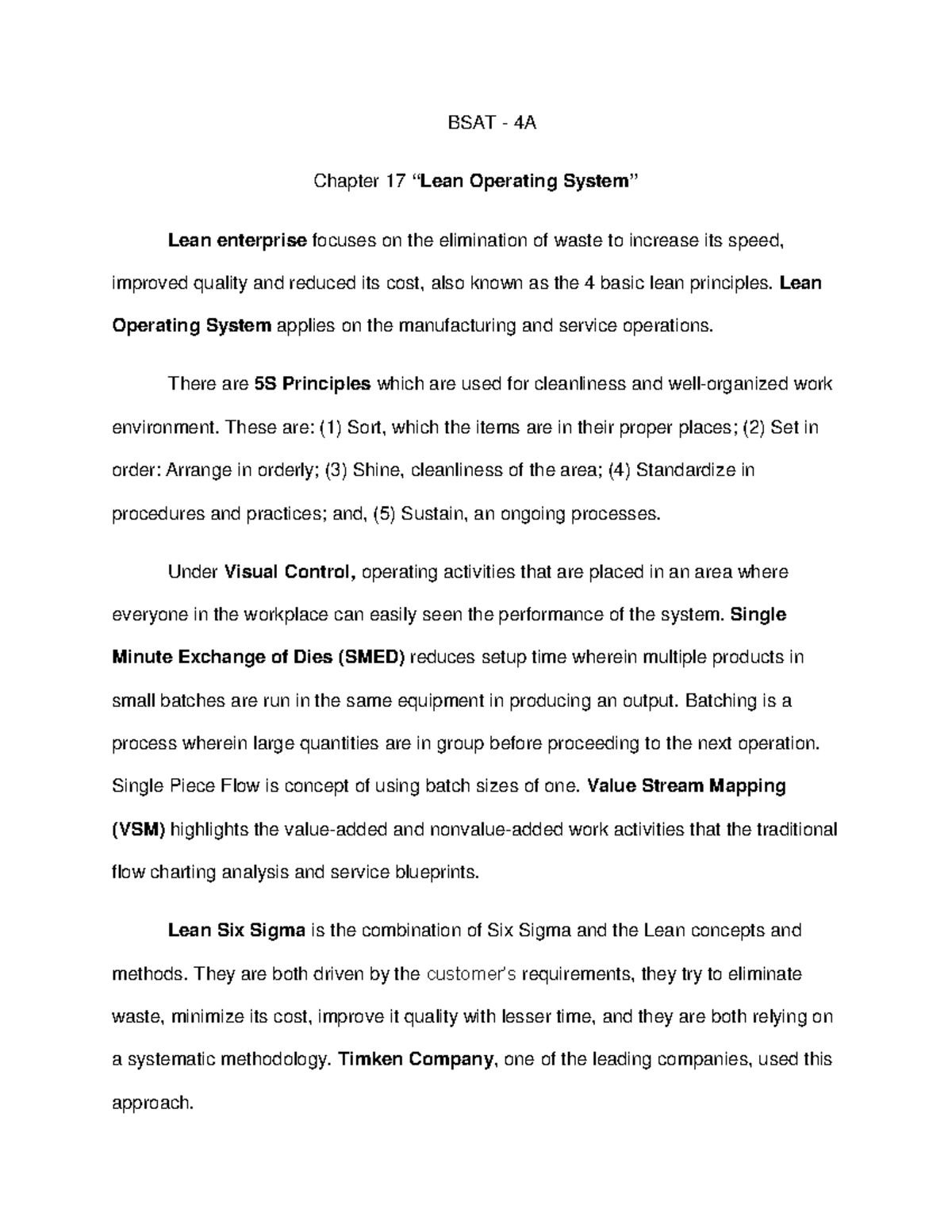 Lean Operating System Summary - BSAT - 4A Chapter 17