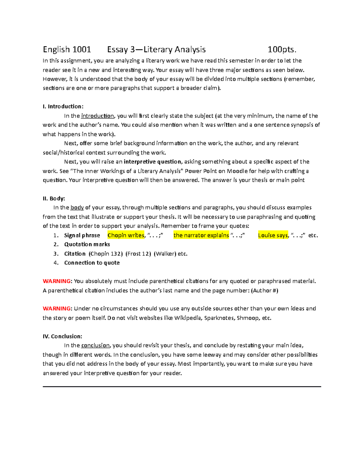 Essay 3 Literary Analysis Guidelines English 1001 Essay 3 Literary