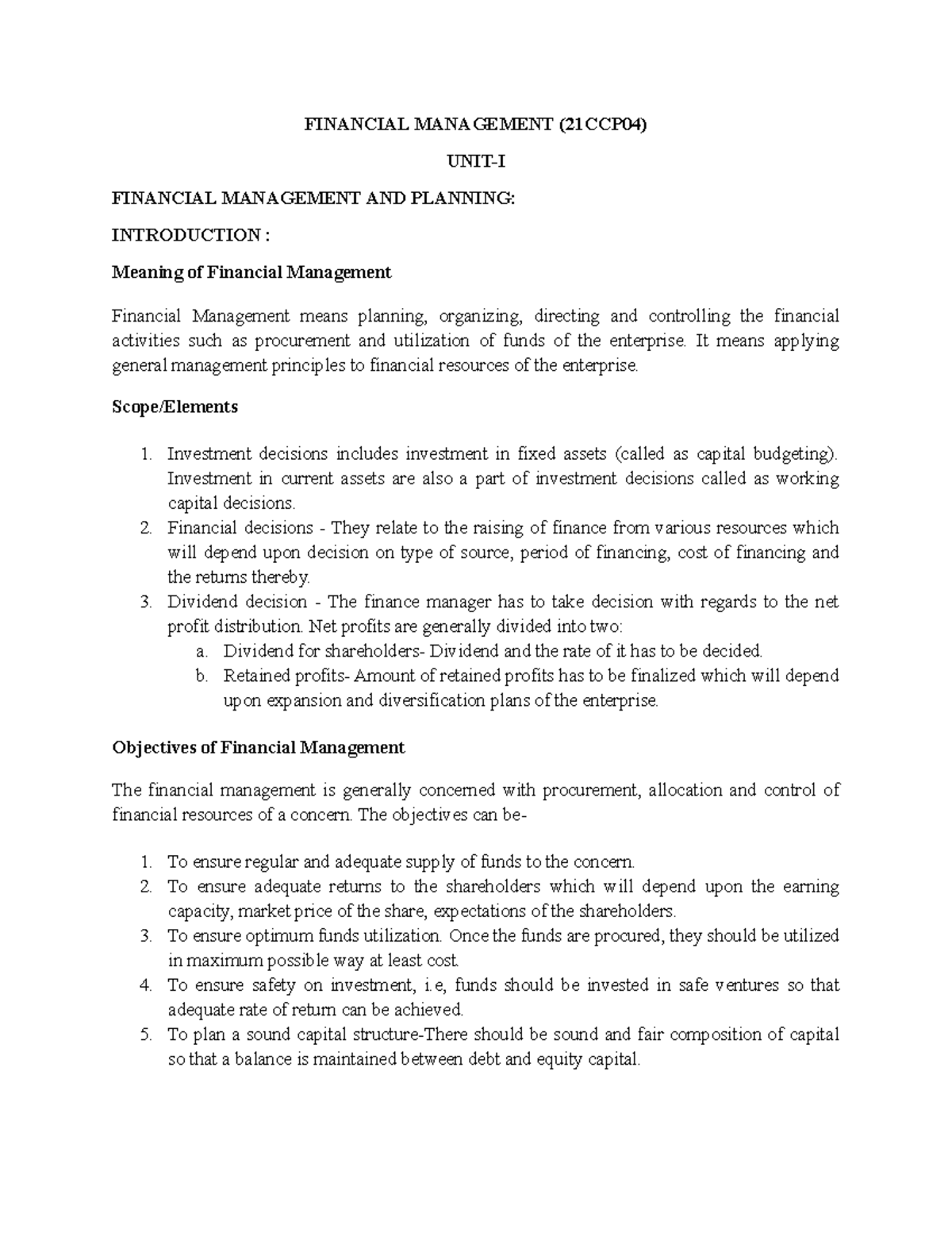 Financial Management- Unit I - Financial Management & Planning ...