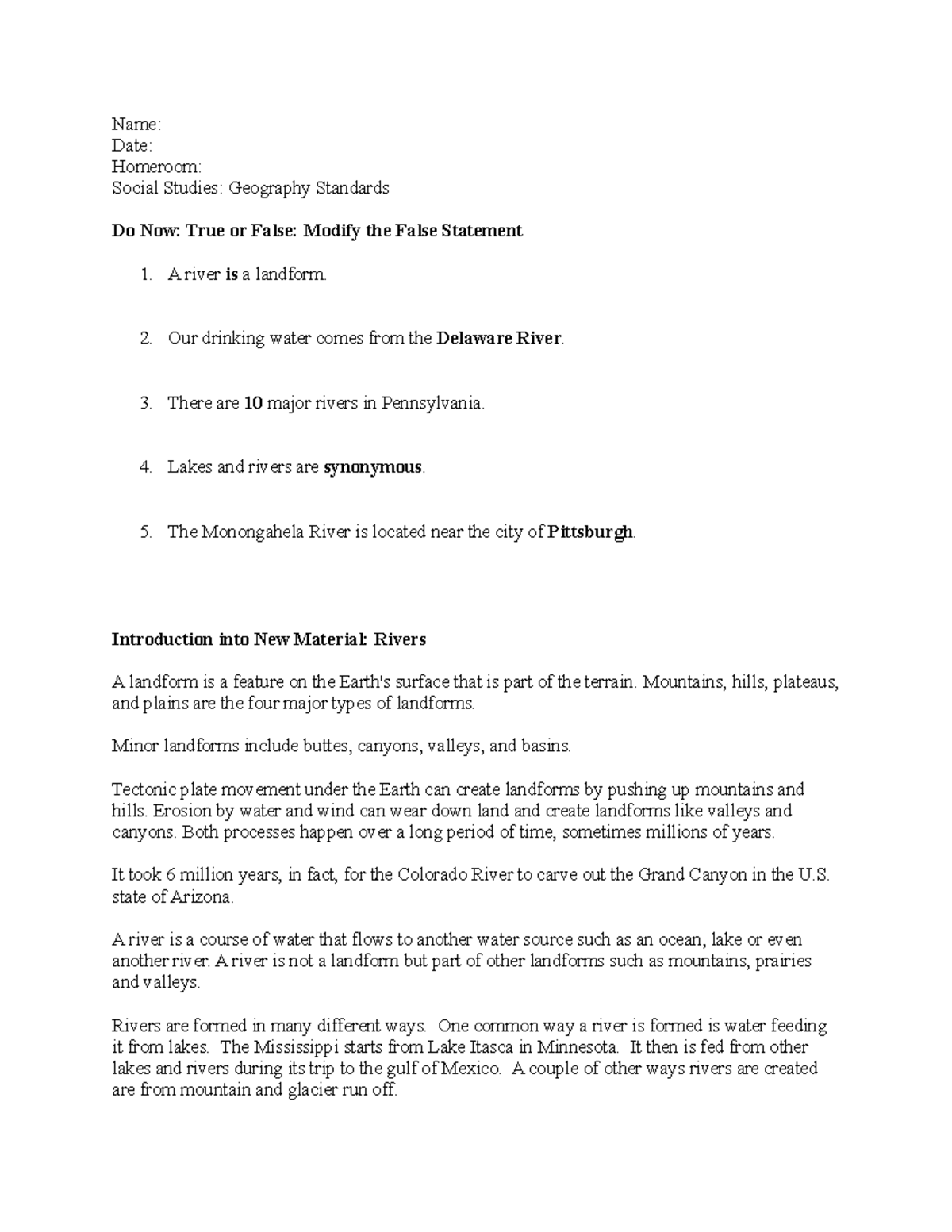 - River Geographic Landforms - Name: Date: Homeroom: Social Studies ...