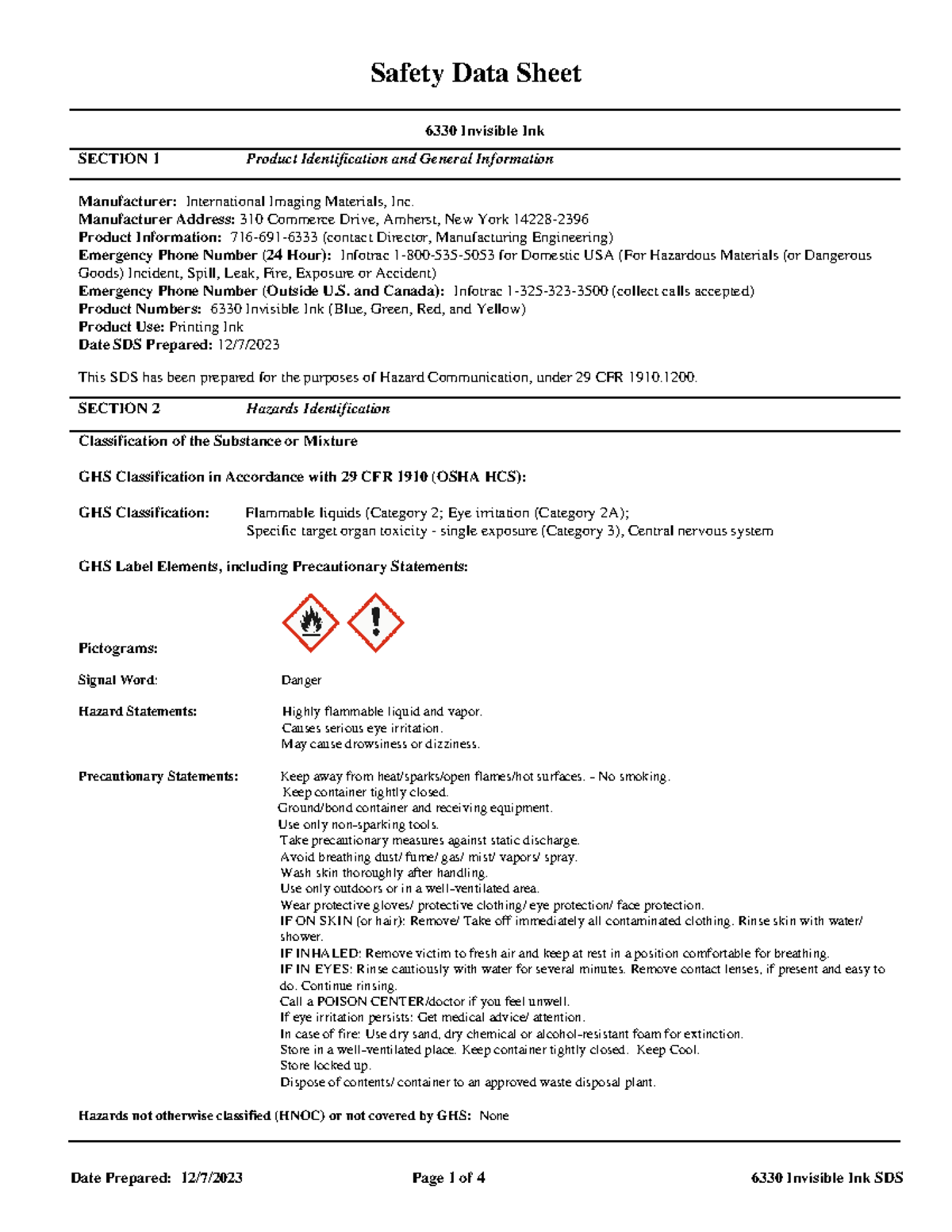 6330 Invisible Ink SDS - Chemical - Safety Data Sheet 6330 Invisible ...