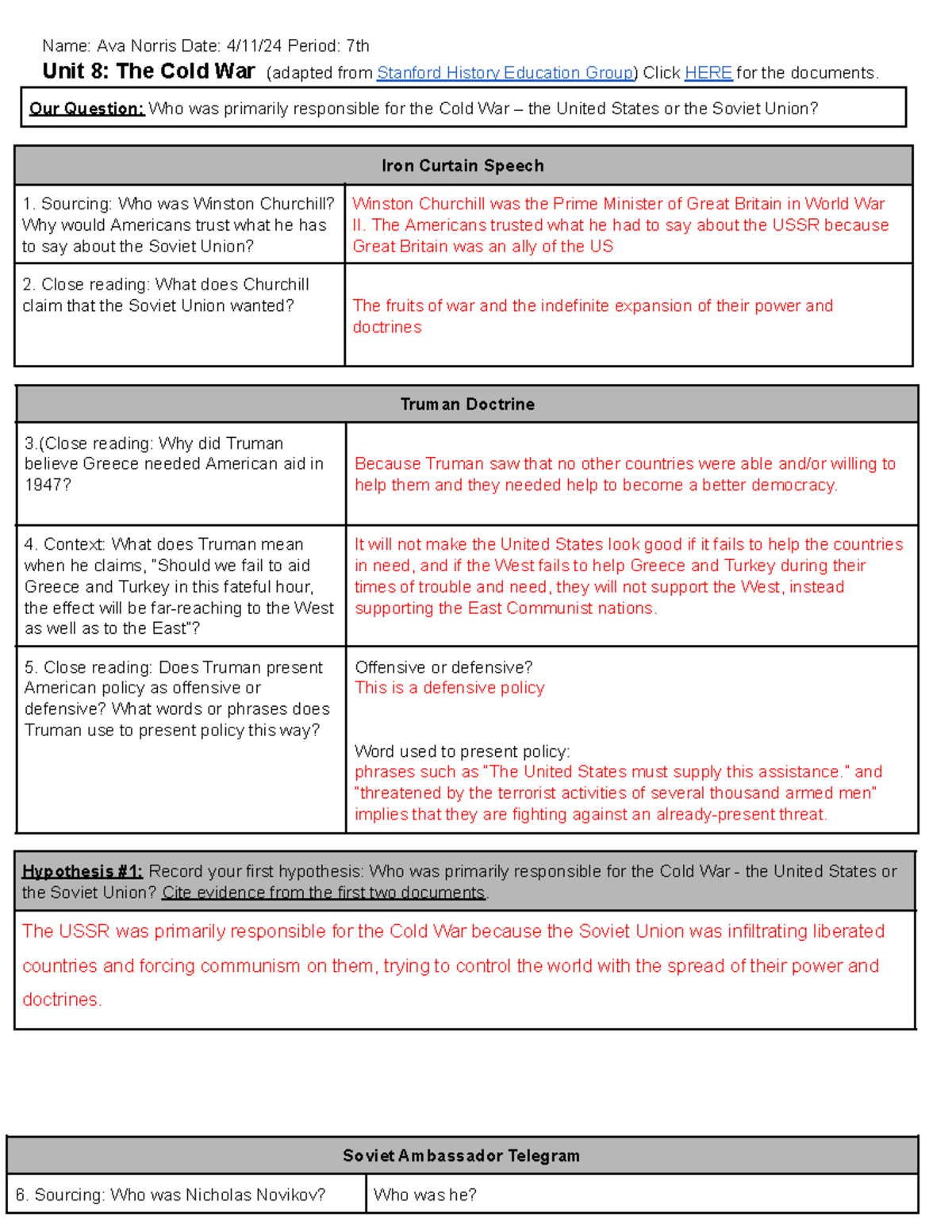 Ava Norris - Unit 8 Cold War Lesson Student Handout - Name: Ava Norris ...