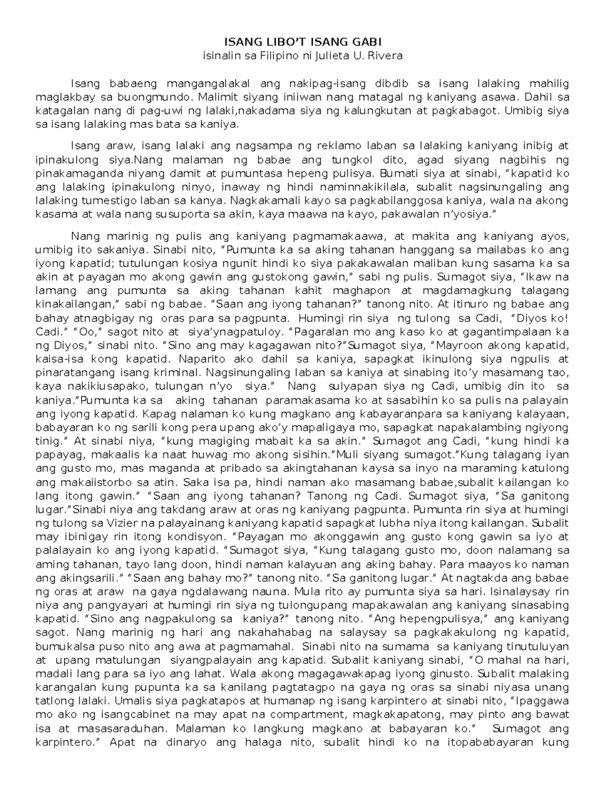 Isang LIBO - Summary - ISANG LIBO’T ISANG GABI isinalin sa Filipino ni ...