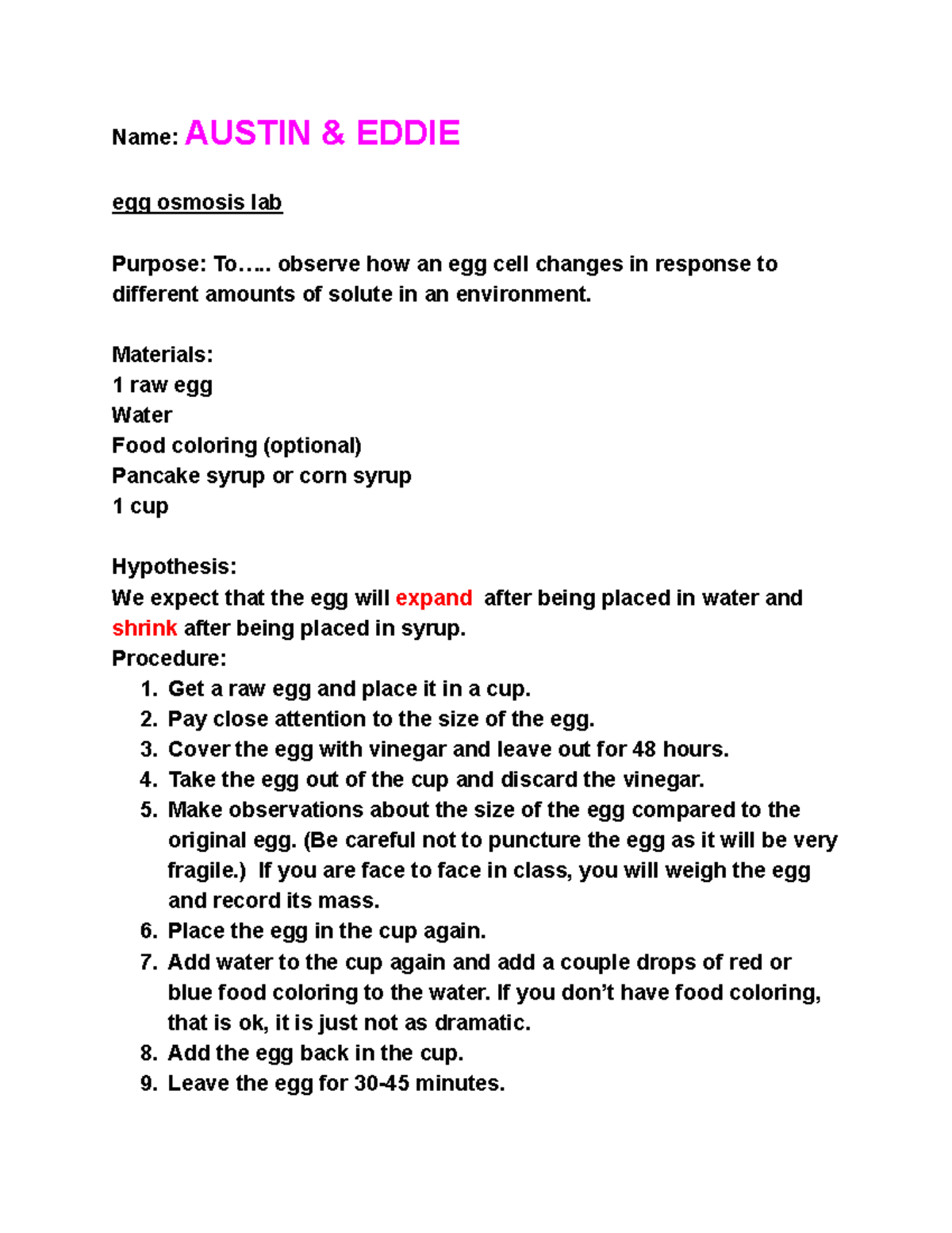Copy of egg osmosis lab - Name: AUSTIN & EDDIE egg osmosis lab Purpose ...