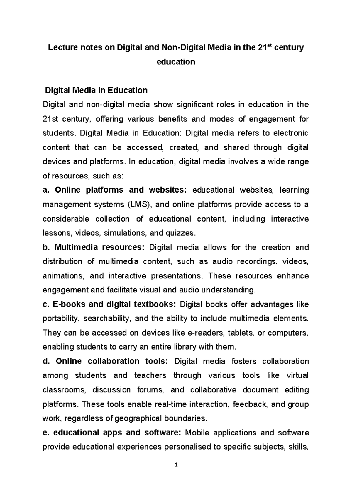 Lecture notes on Digital and non-Digital Media in Education to students ...
