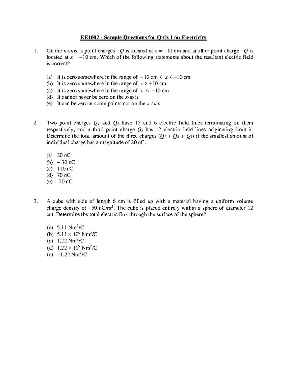 Sample Questions for Quiz on Electricity - EE1002 - Sample Questions ...