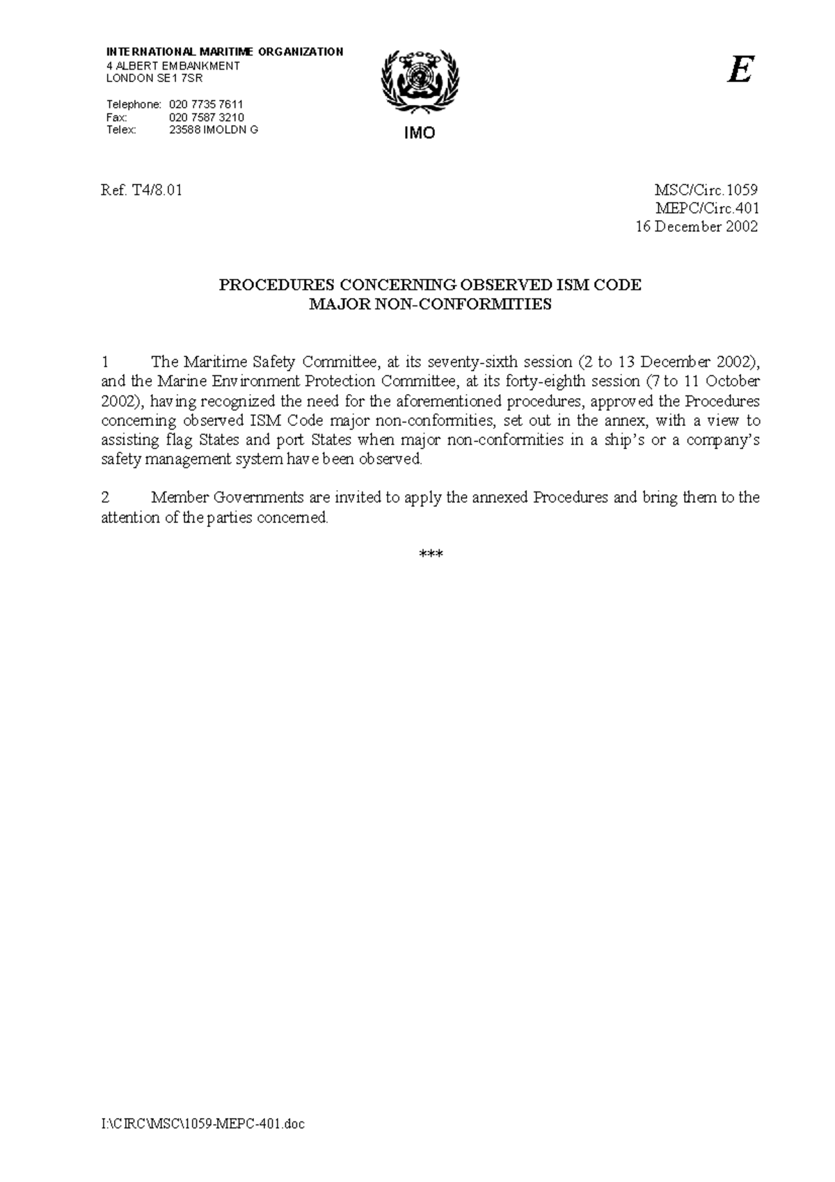 MSC Circ - MSC_Circ.1059 - I:\CIRC\MSC\1059-MEPC-401 INTERNATIONAL MARITIME ORGANIZATION 4 ...