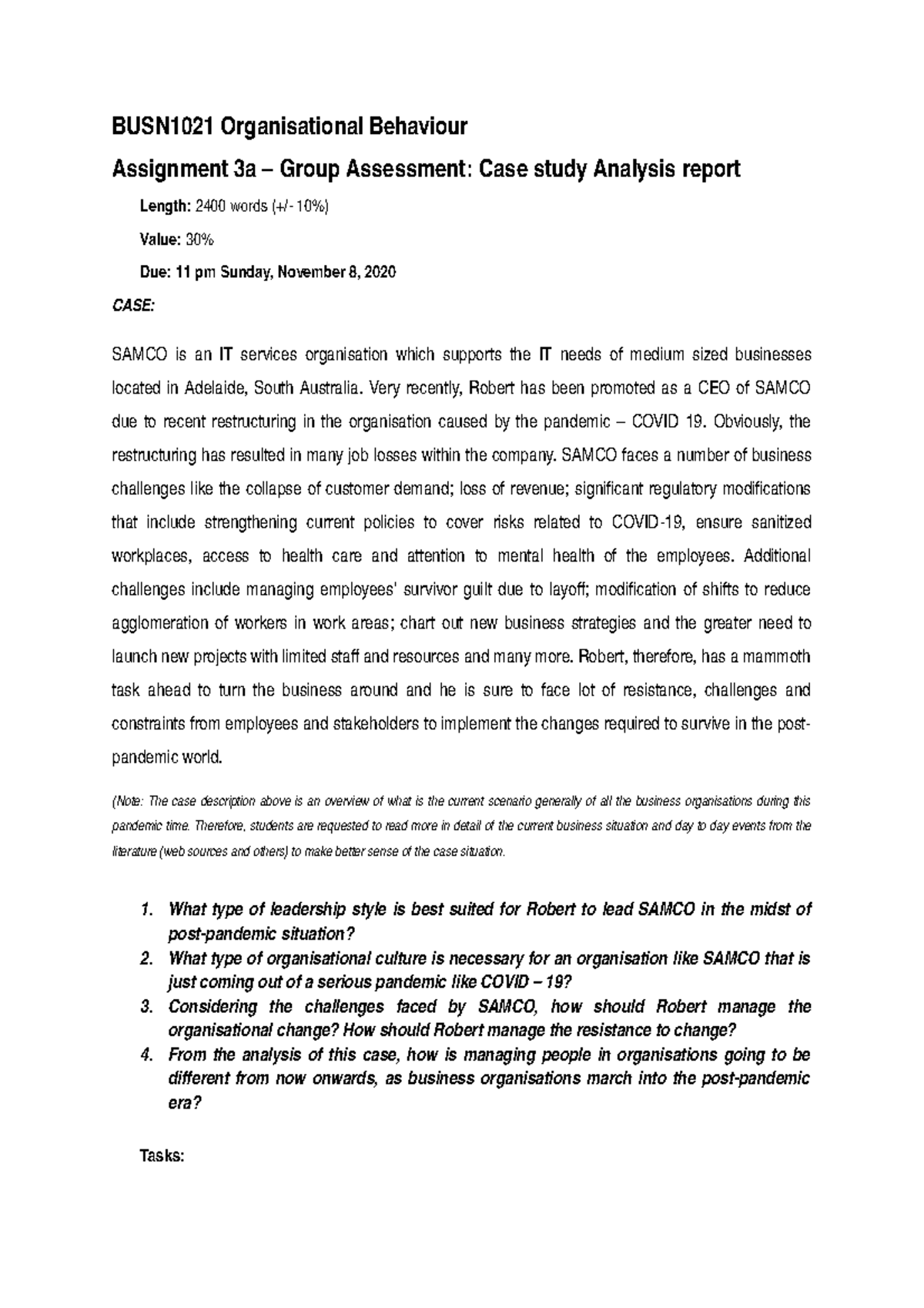 Assessment 3a Group - Case study Analysis Report Guide - BUSN1021 ...