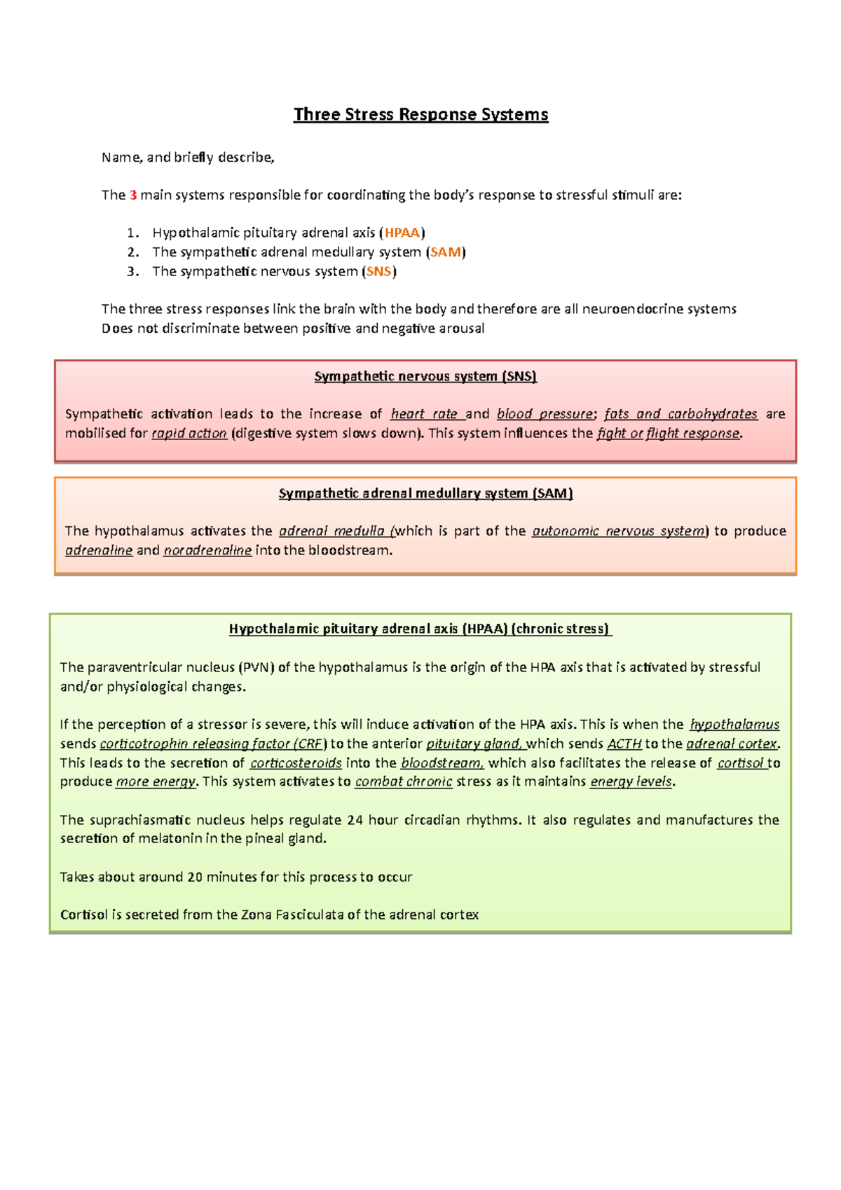 Three stress response systems - Three Stress Response Systems Name, and ...