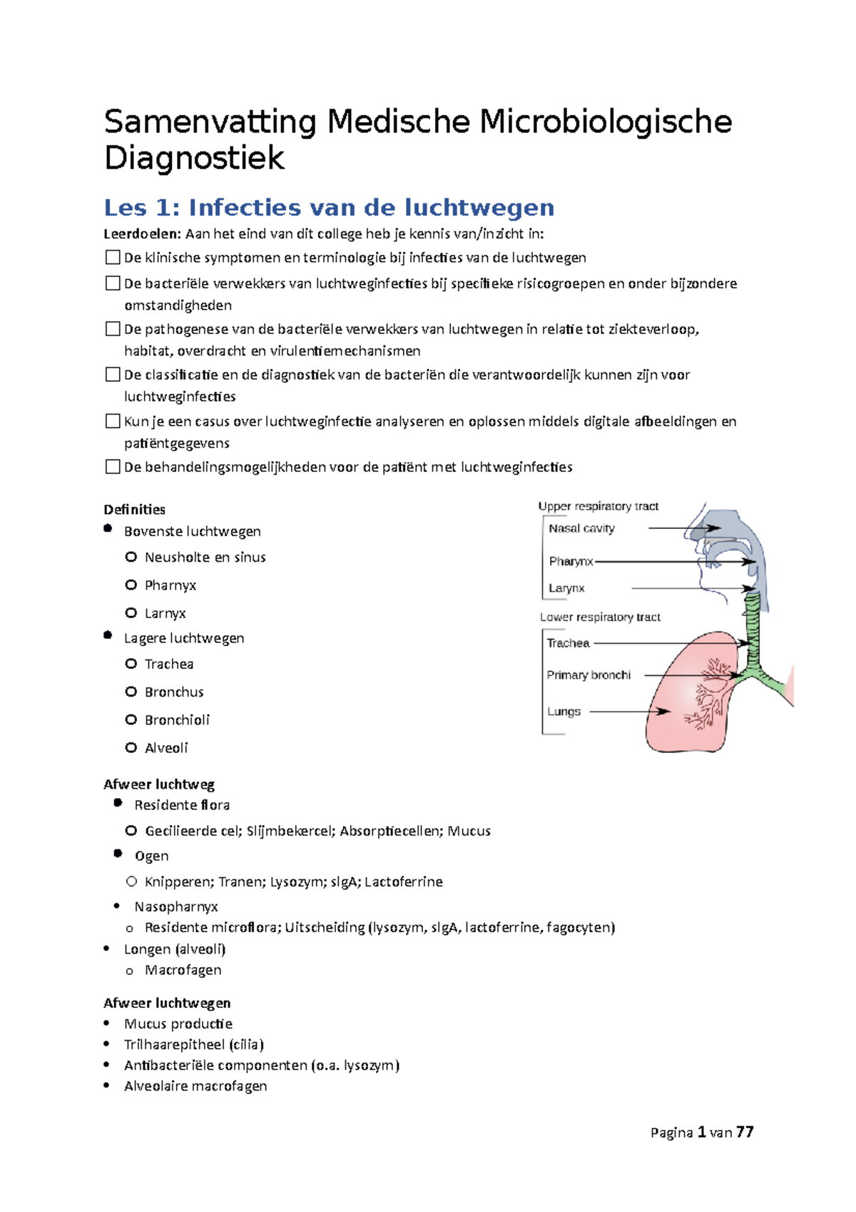 Samenvatting Medische Microbiologische Diagnostiek - lysozym) Alveolaire macrofagen ...