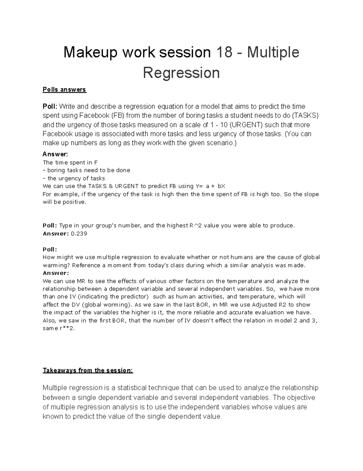 Makeup work session 18 - Multiple Regression - (You can make up numbers ...
