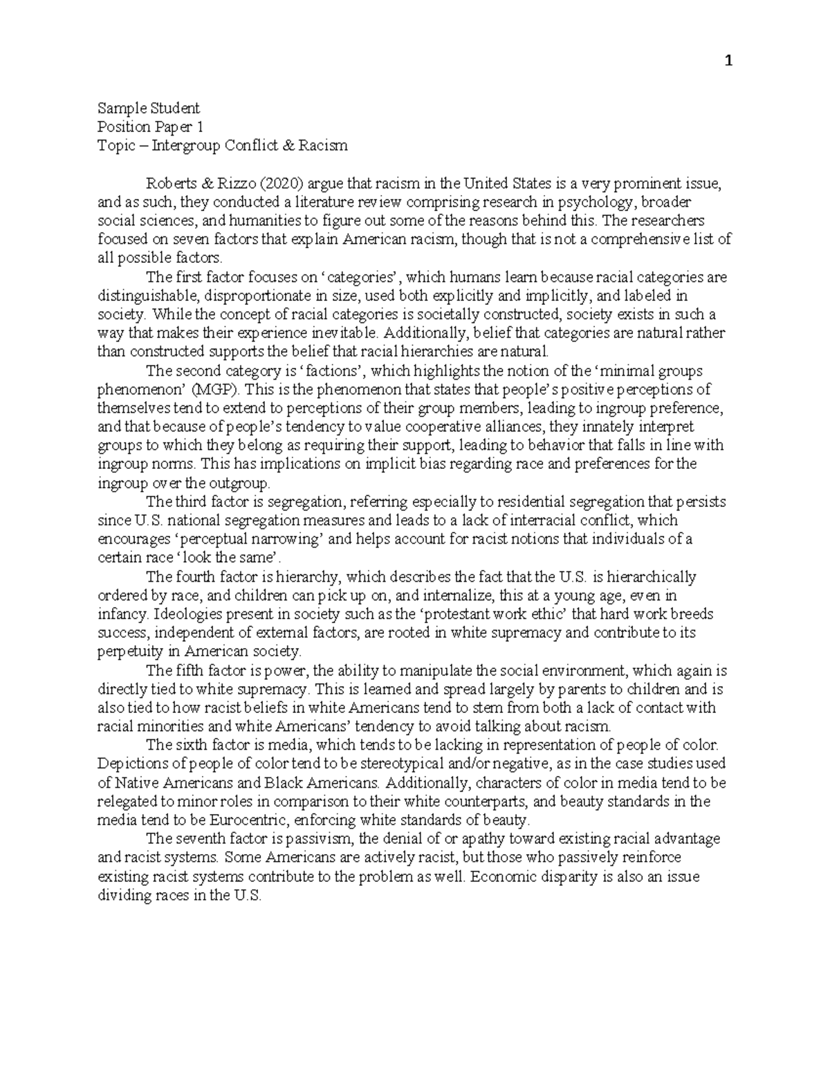 Sample Position Paper (two articles) - 1 Sample Student Position Paper ...