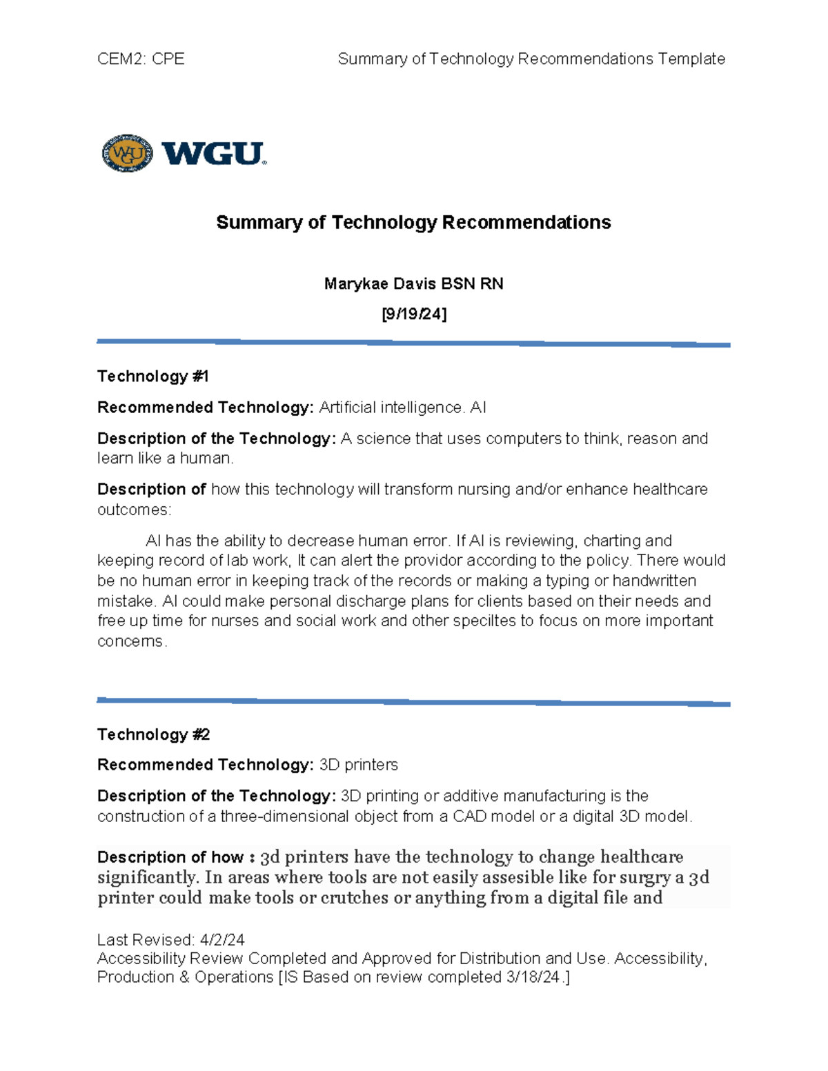 Summary of Technology Recommendations done - CEM2: CPE Summary of Technology Recommendations ...