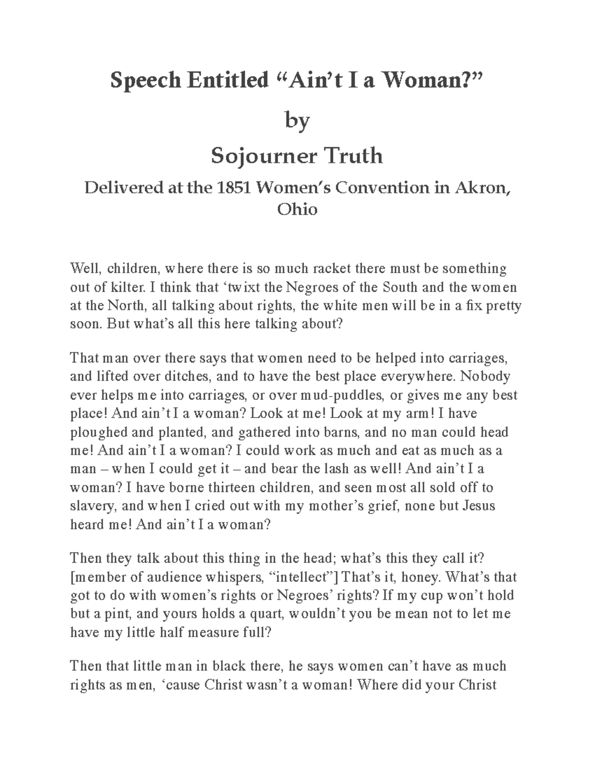 (1.19.22) "Ain't I a Woman" Speech. pdf - Speech Entitled “Ain’t I a ...
