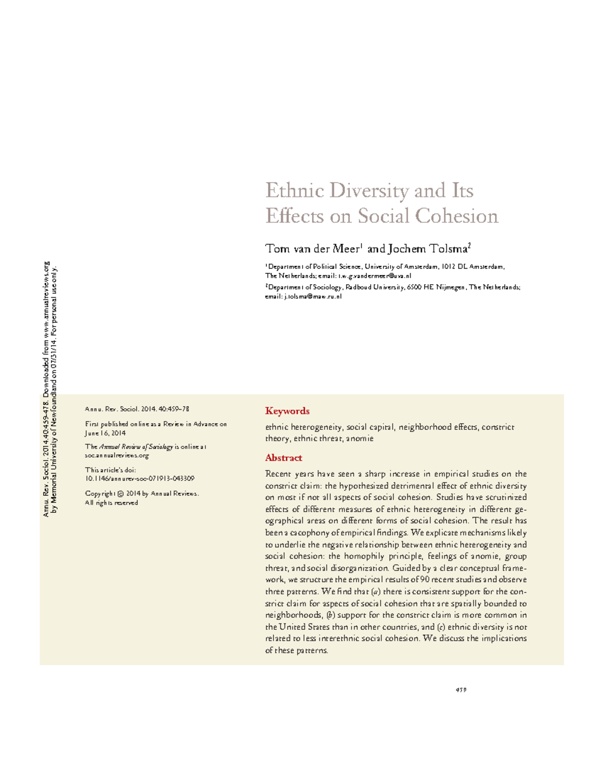 Ethnic Diversity and Its Effects on Social Cohesion (van der Meer, 2014 ...