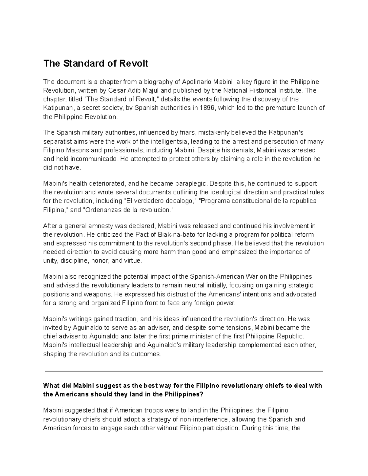Apolinario Mabini - The chapter, titled "The Standard of Revolt ...