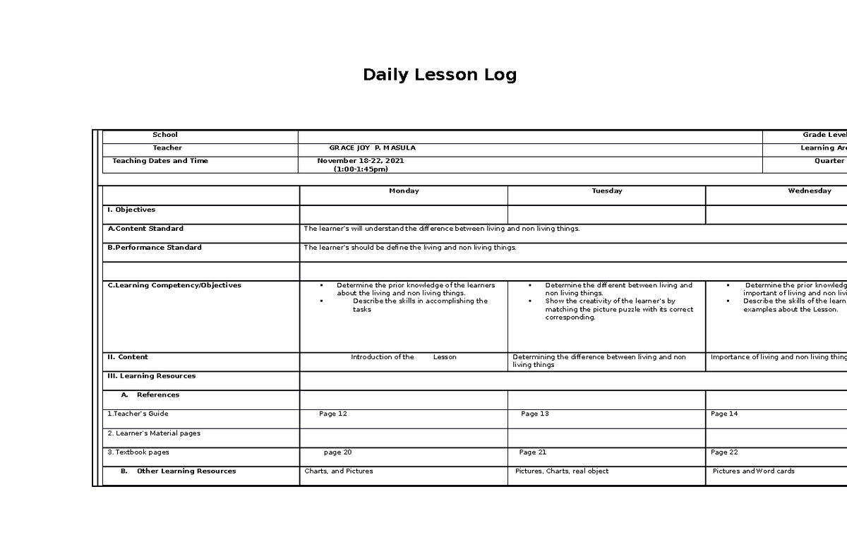 DLL - Daily Lesson Log School Grade Level Teacher GRACE JOY P. MASULA ...