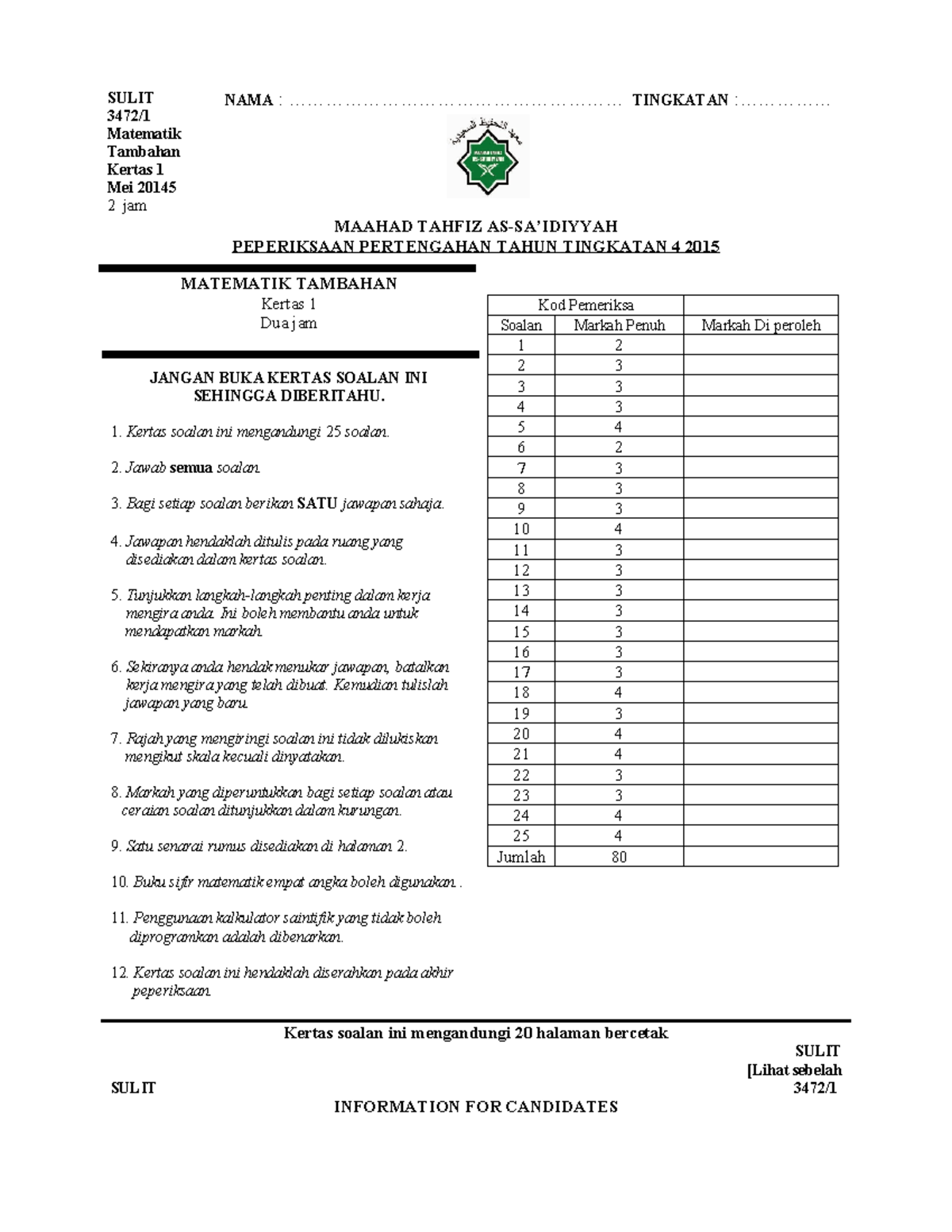273683789 matematik tambahan ting 4 kertas 1 - SULIT 3472/ Matematik ...