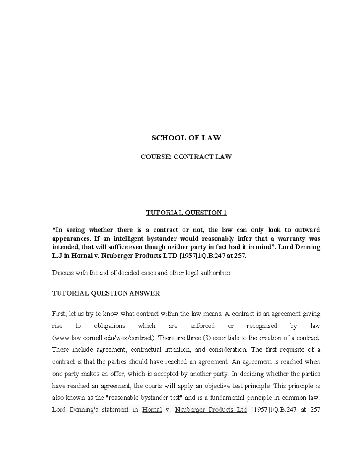 LAW OF Contracts - A tutorial question on offer and acceptance - SCHOOL OF LAW COURSE: CONTRACT ...