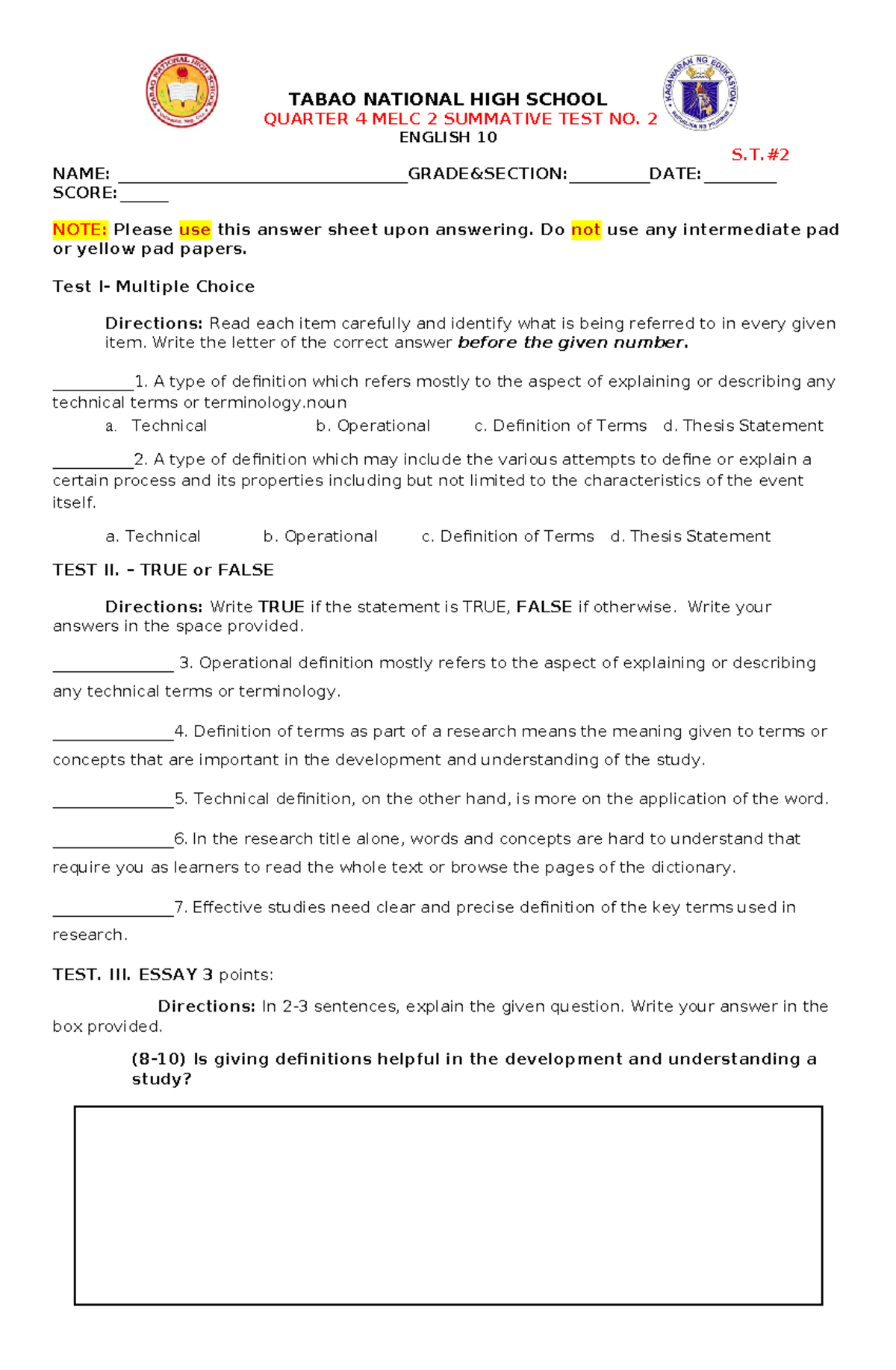 English 10- Module 1 - Summative Test - TABAO NATIONAL HIGH SCHOOL ...