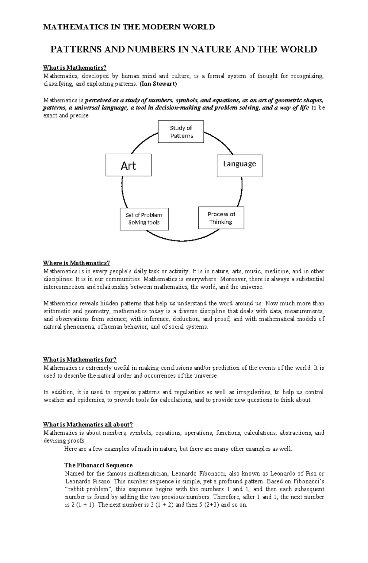 Midterm MMW Reviewer - PATTERNS AND NUMBERS IN NATURE AND THE WORLD What is Mathematics? - Studocu