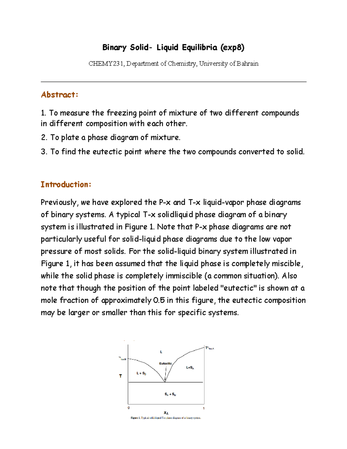 8 - the reprt - Binary Solid- Liquid Equilibria (exp8) CHEMY231 ...