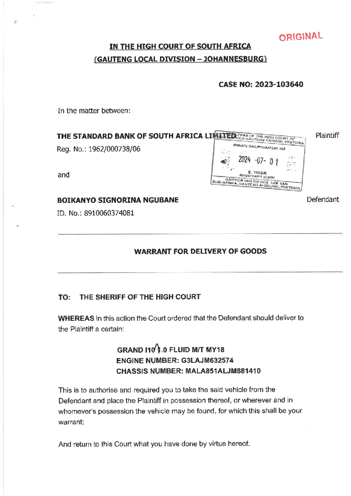 MAT84923 - Issued Warrant OF Delivery - ORIGINAL IN THE HIGH COURT OF ...