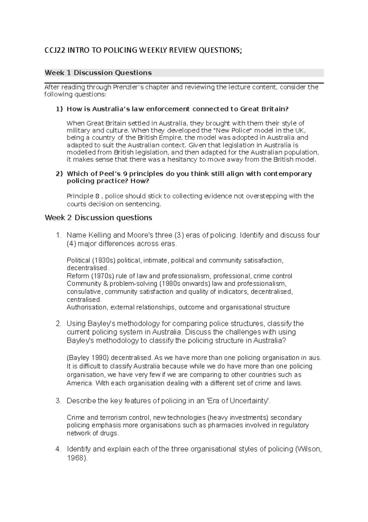 CCJ22 Intro to Policing weekly review questions - CCJ22 INTRO TO ...