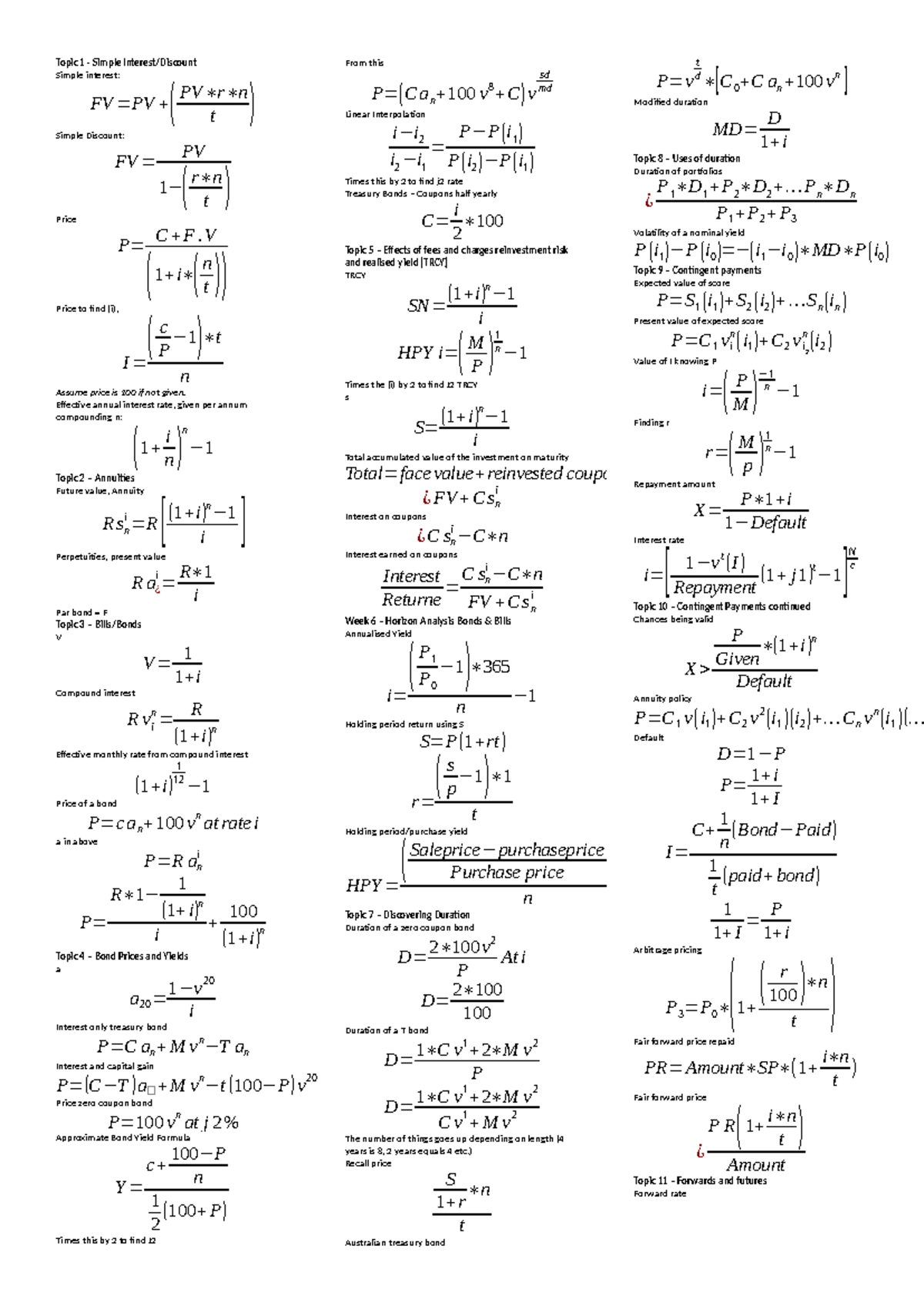 ACST2001 Cheat Sheet - Topic 1 - Simple Interest/Discount Simple ...