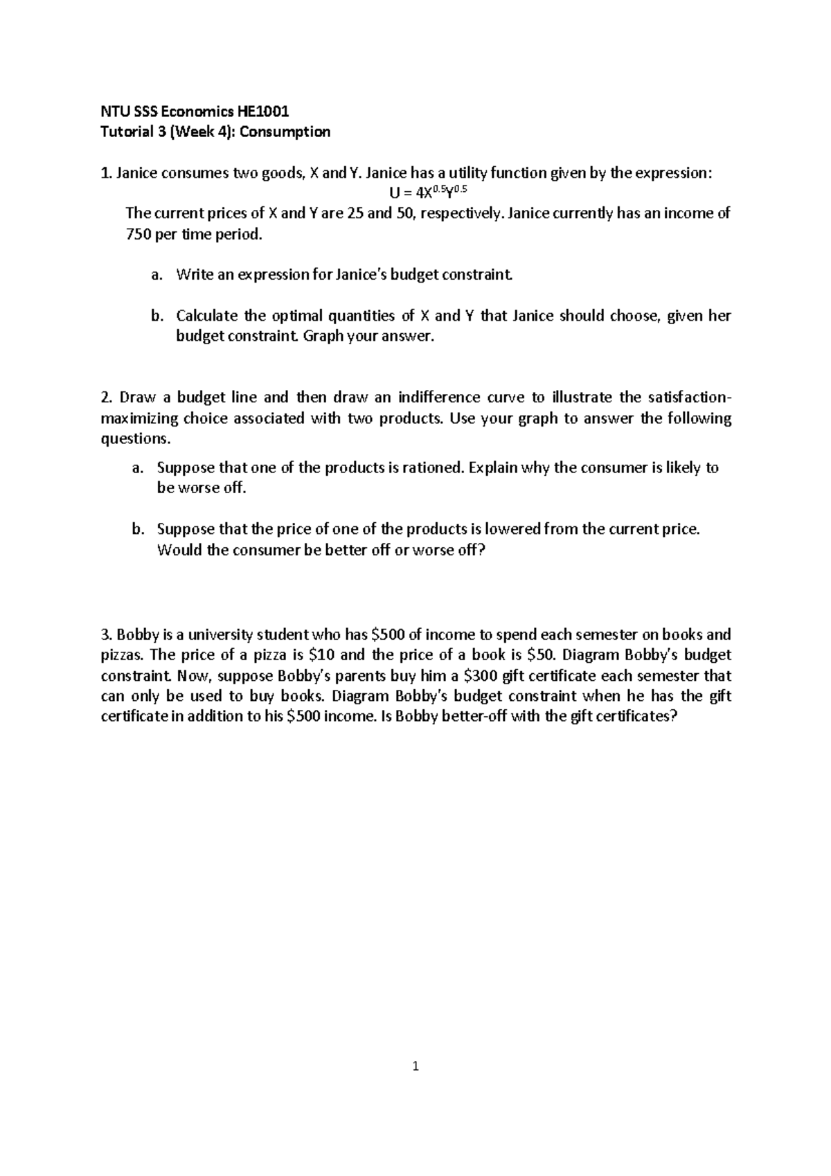Tutorial 3 Consumption 2 - 1 NTU SSS Economics HE Tutorial 3 (Week 4 ...