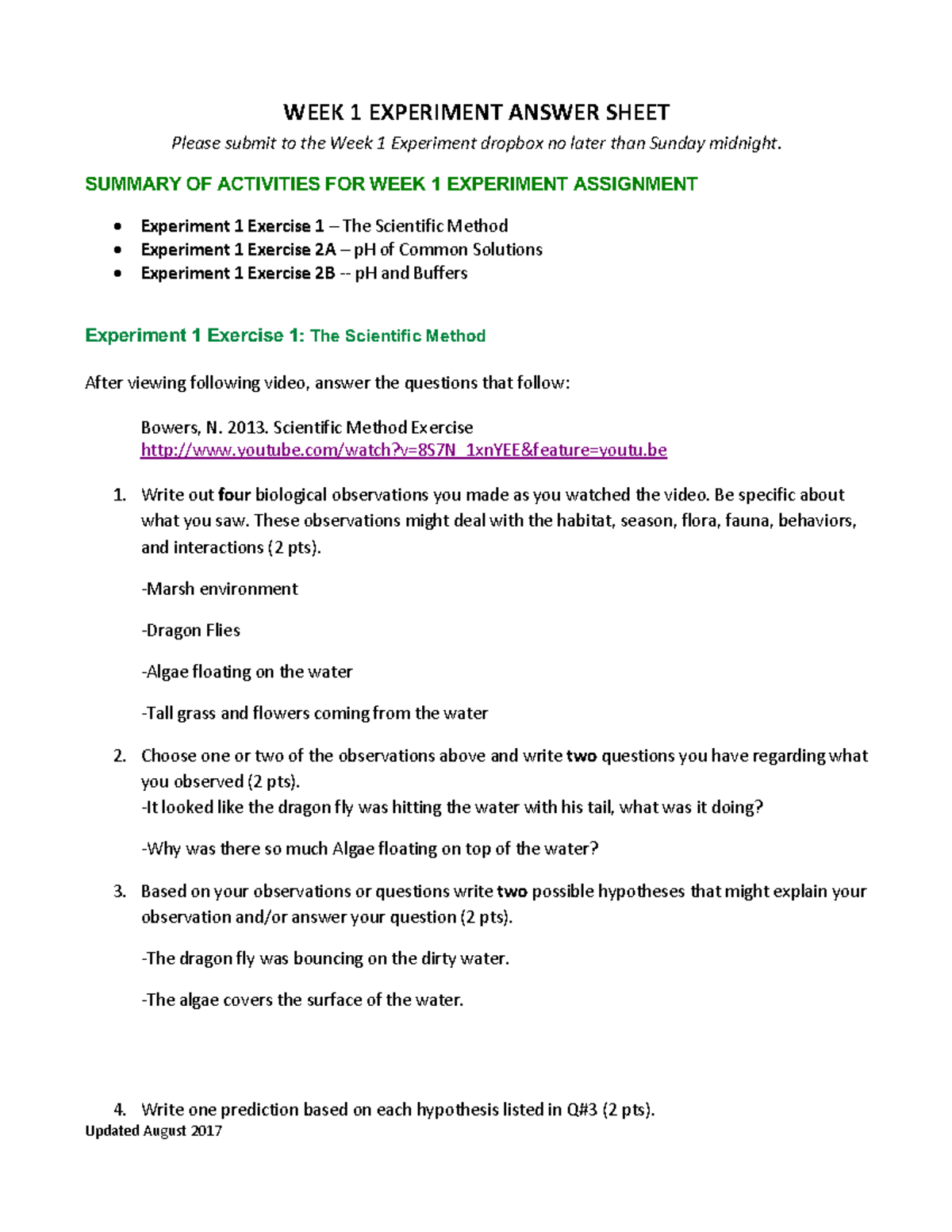 Week 1 Experiment Answer Sheet - BI 114 - Studocu