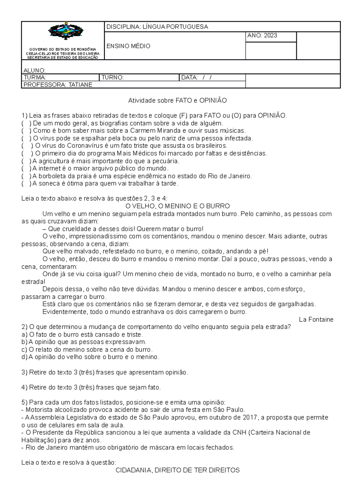 Atividades Sobre Fato E Opinião 7o Ano Com Gabarito - FDPLEARN