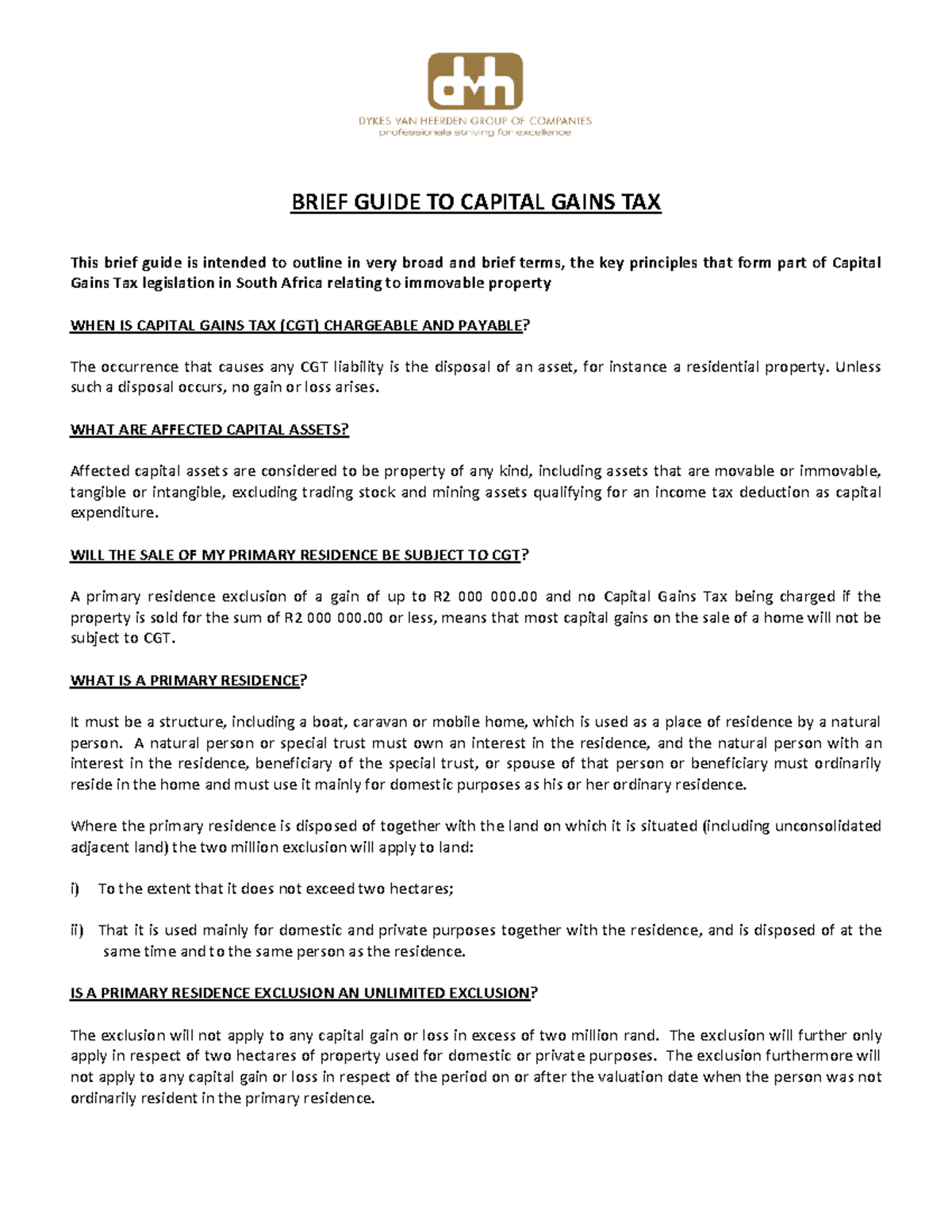 Guide TO Capital Gains TAX - BRIEF GUIDE TO CAPITAL GAINS TAX This ...