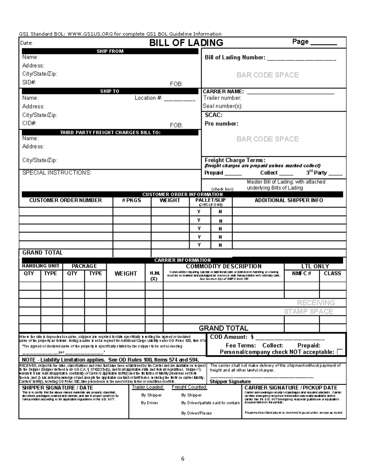 Bill of lading sample - hjd - 6 GS1 Standard BOL: WWW.GS1US for ...